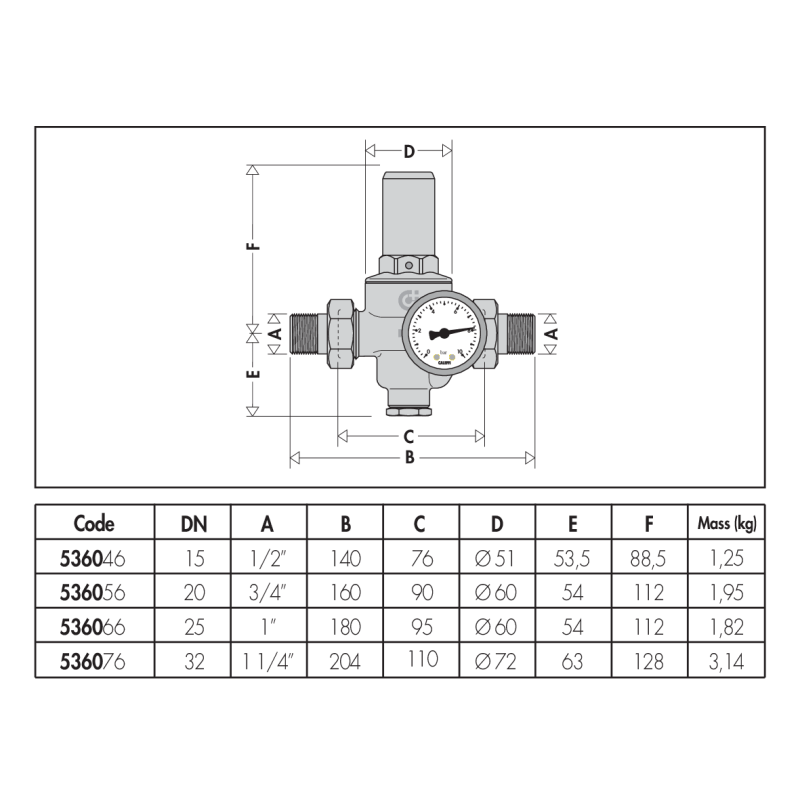 Riduttore di pressione Ø R 1 1/4" M Caleffi 536076 DN 32 manometro 0-10